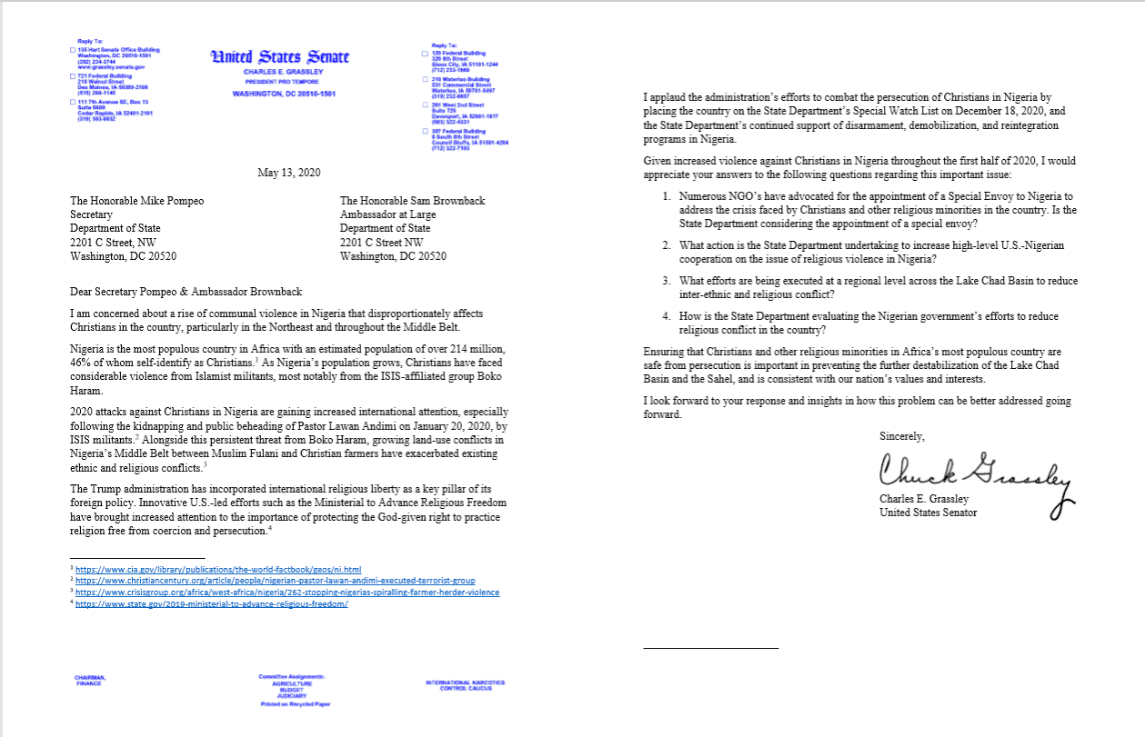 NIGERIA – Senator Grassley letter to Secretary Pompeo & Ambassador ...