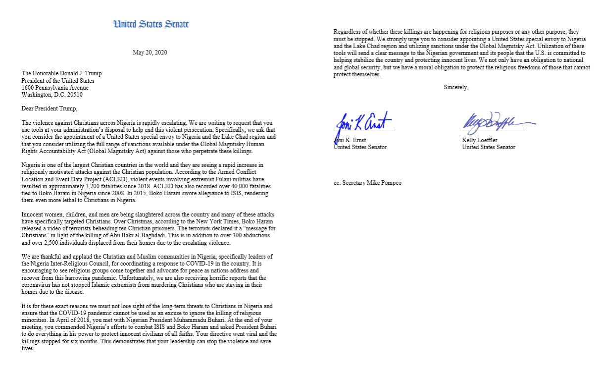 NIGERIA – Senator Ernst letter to President Trump requesting a U.S ...